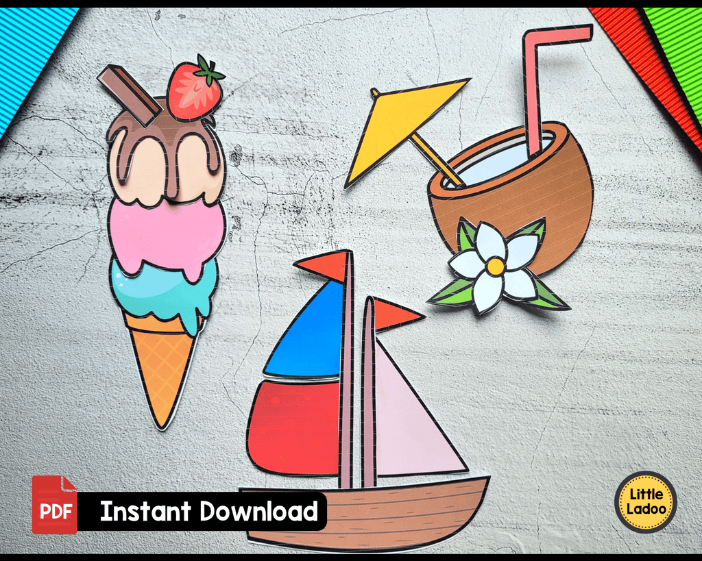 Summer Cut and Paste Craft - Ice cream, Coconut and Boat Craft Template ...