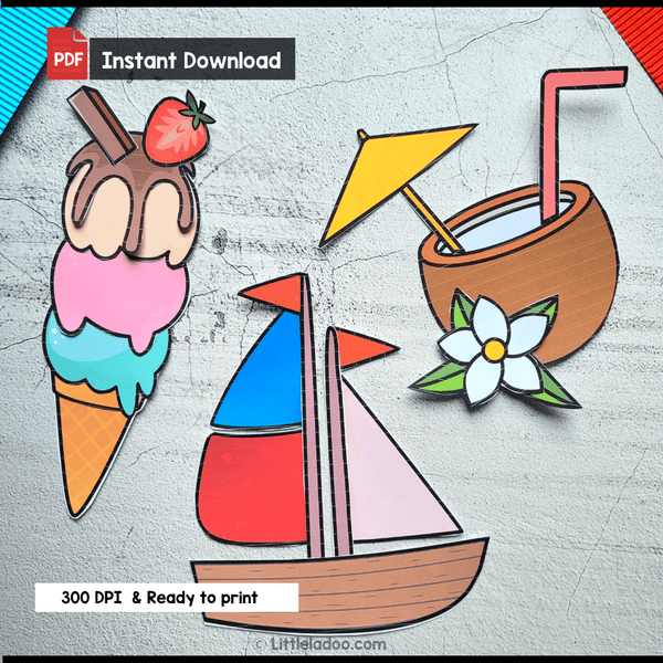 Summer Cut and Paste Craft - Ice cream, Coconut and Boat Craft Template ...